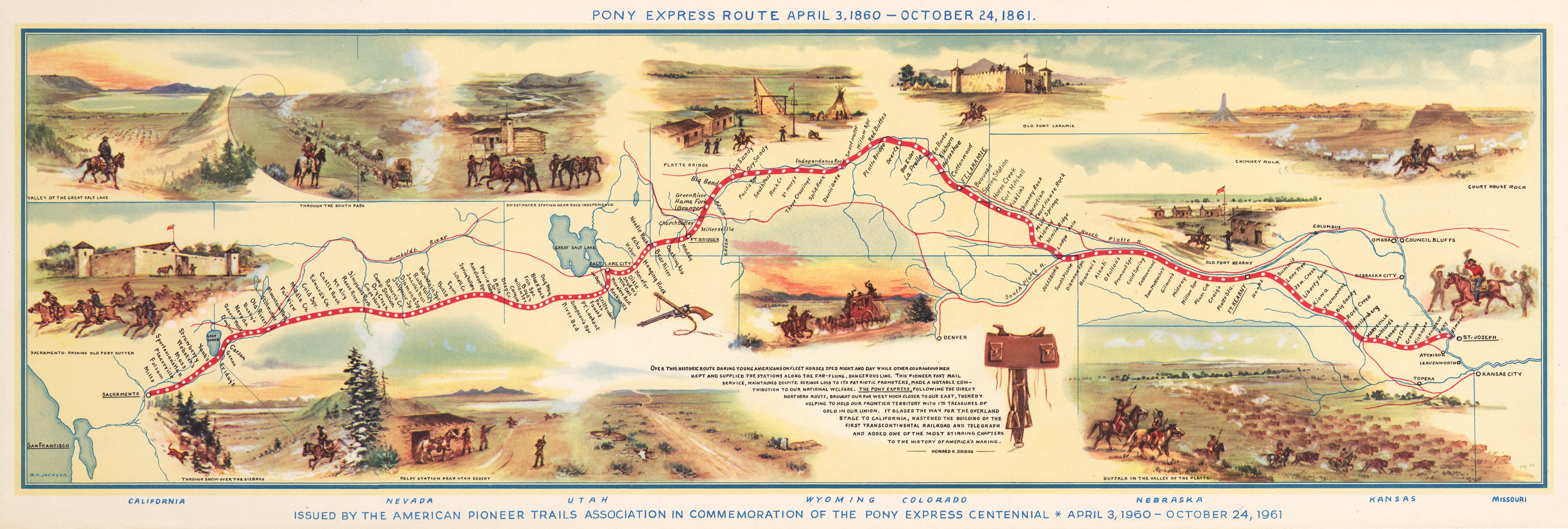 Pony Express Route April 3, 1860 – October 24, 1861 – the Vintage Map Shop