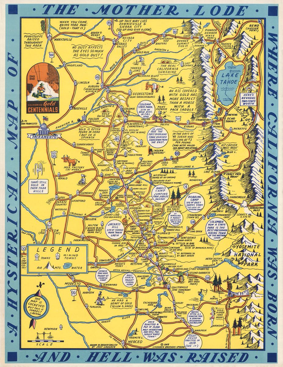 A Hysterical Map of the Mother Lode (California Gold Region), 1948 ...