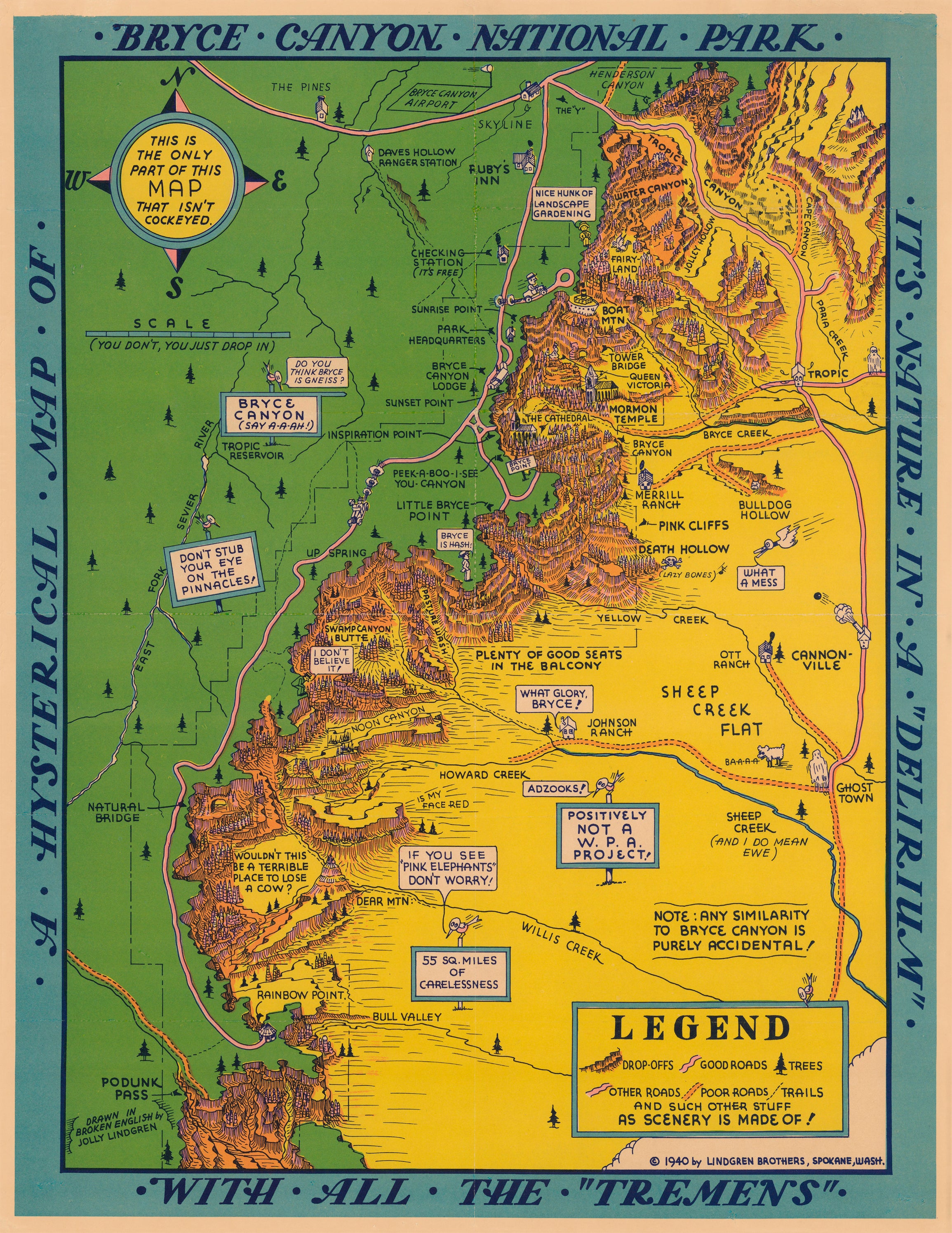 A Hysterical Map of Bryce Canyon National Park by: Lindgren Bros. 1940 ...