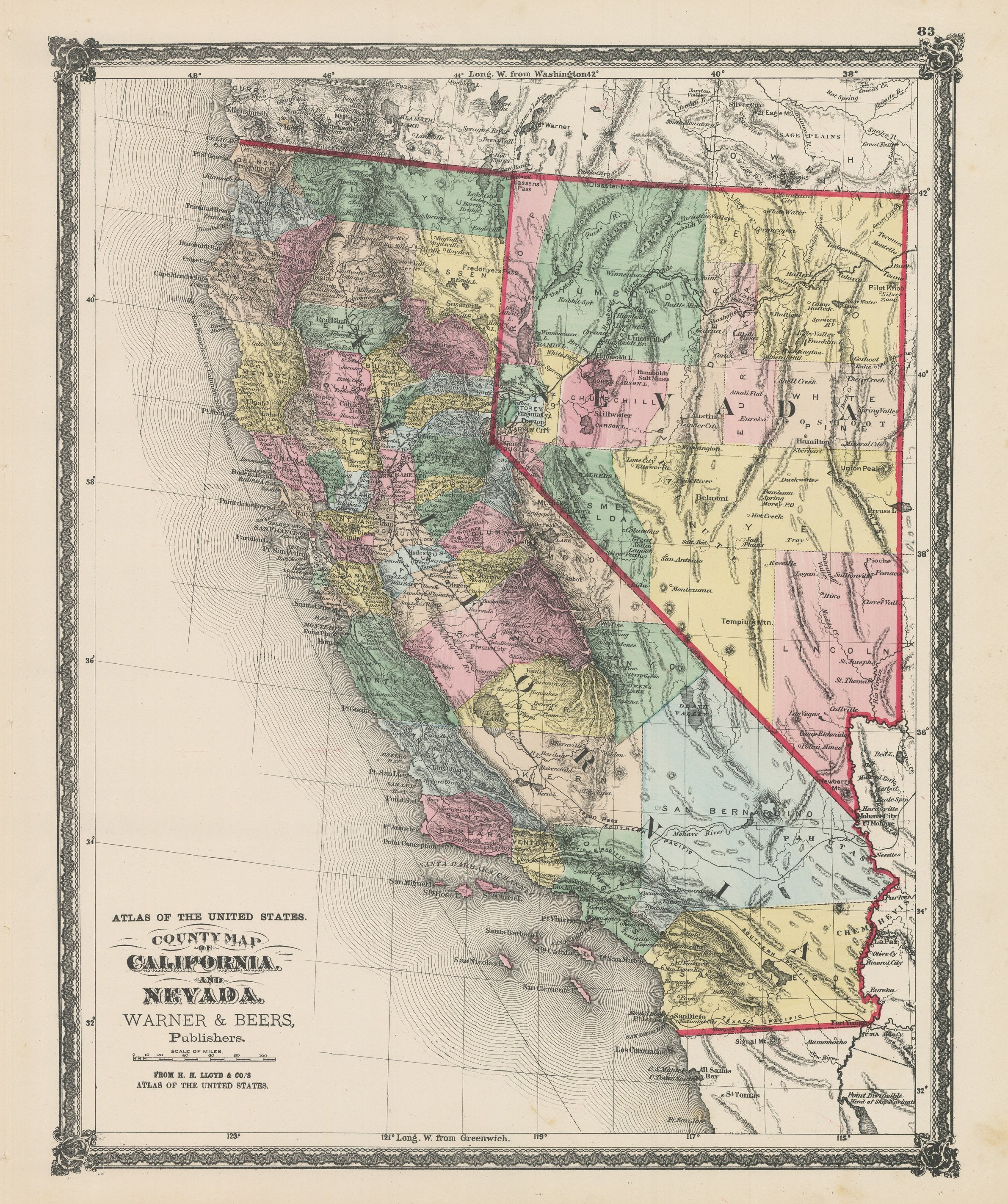 1875 County Map of California and Nevada – the Vintage Map Shop